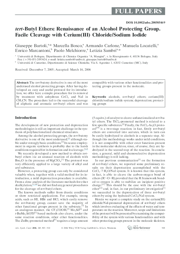 (PDF) tert-Butyl Ethers: Renaissance of an Alcohol Protecting Group ...
