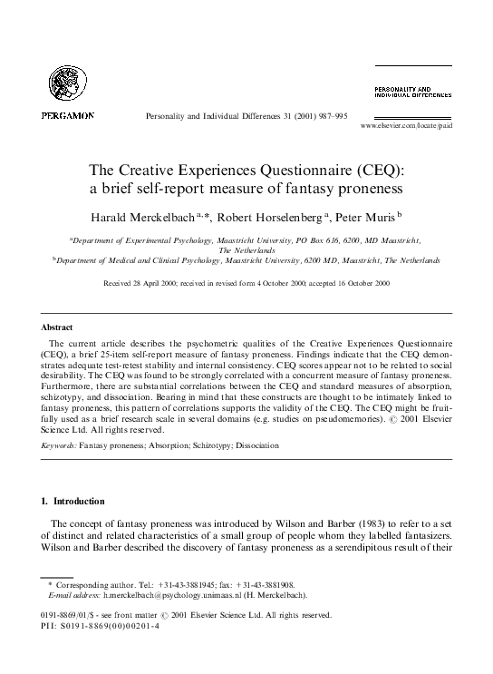 (PDF) The Creative Experiences Questionnaire (CEQ): a brief self-report ...