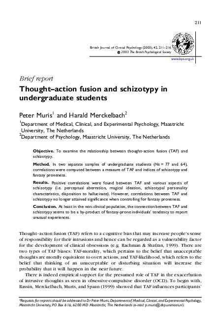 (PDF) Thought-action fusion and schizotypy in undergraduate students