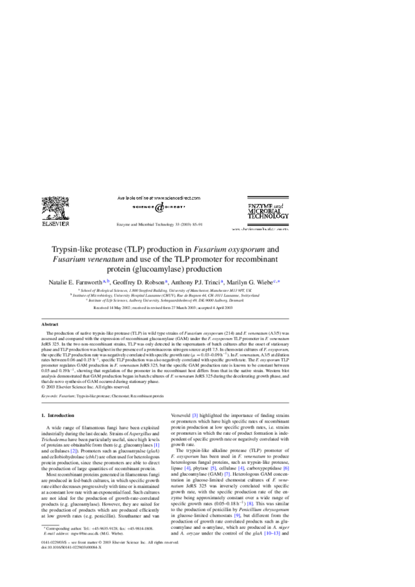 (PDF) Trypsin-like protease (TLP) production in Fusarium oxysporum and ...