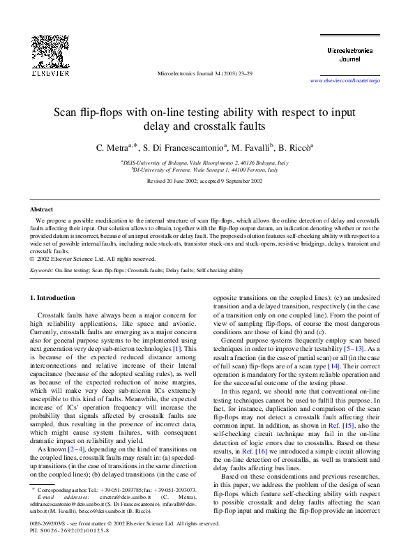Pdf Scan Flip Flops With On Line Testing Ability With Respect To Input Delay And Crosstalk Faults
