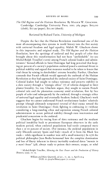 (PDF) Review of The Old Regime and the Haitian Revolution by Malick W ...