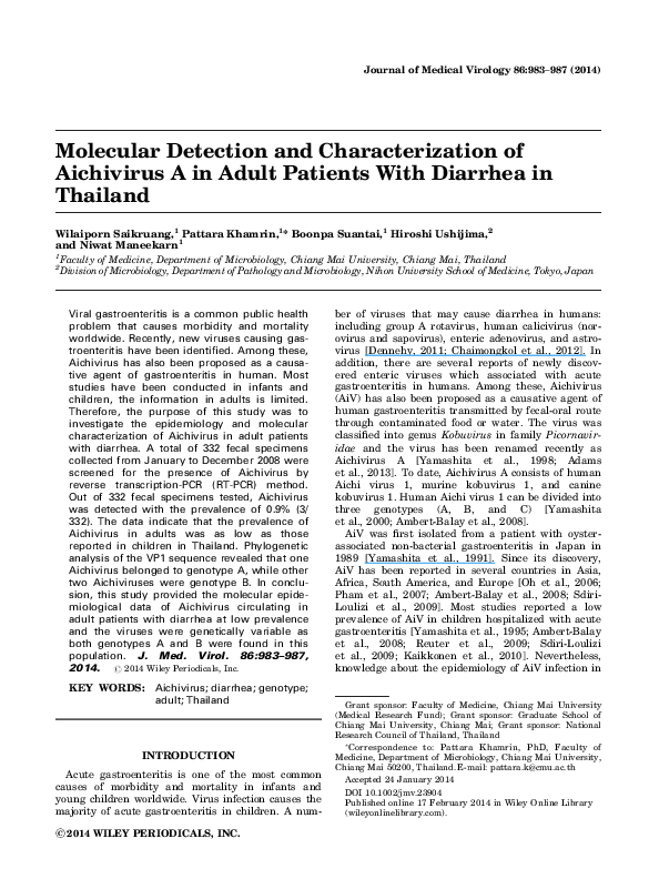 (PDF) Molecular detection and characterization of aichivirus A in adult ...