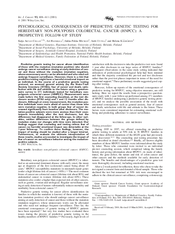 (PDF) Impact of presymptomatic genetic testing on young adults: a ...