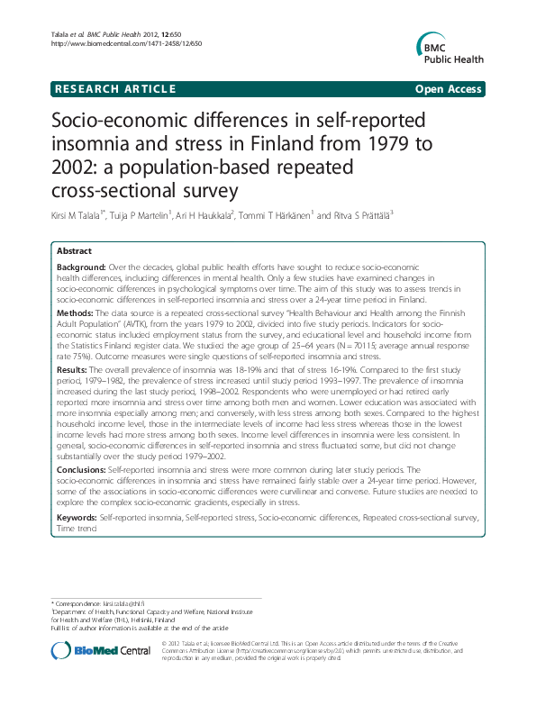 (PDF) Socio-economic differences in self-reported insomnia and stress ...