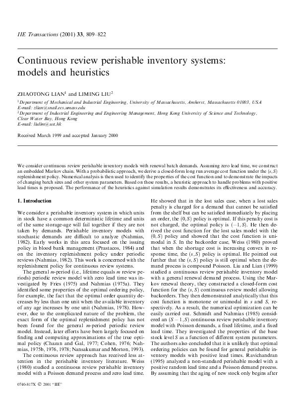(PDF) Continuous review perishable inventory systems: models and heuristics