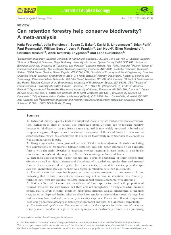 (PDF) Can retention forestry help conserve biodiversity? A meta-analysis