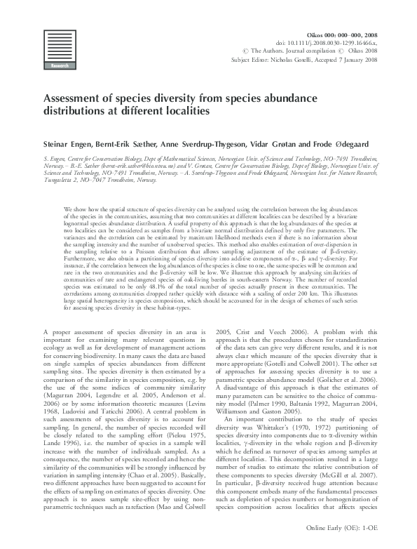 (PDF) Assessment of species diversity from species abundance ... (PDF) Assessment of species diversity from species abundance ...