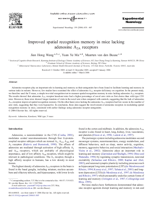 (PDF) Improved spatial recognition memory in mice lacking adenosine A2A ...