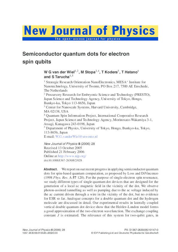 (PDF) Semiconductor quantum dots for electron spin qubits