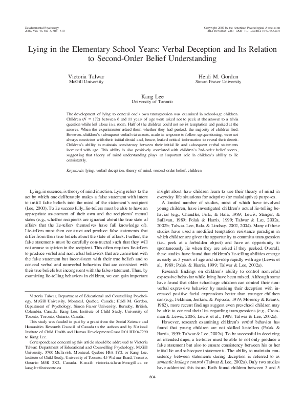 (PDF) Lying in the elementary school years: Verbal deception and its ...