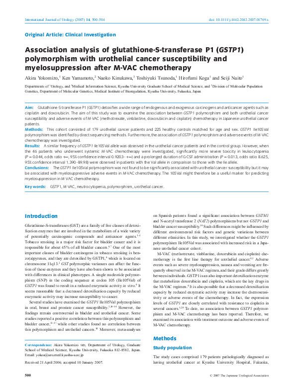 (PDF) Association analysis of glutathione-S-transferase P1 (GSTP1) polymorphism with urothelial ...