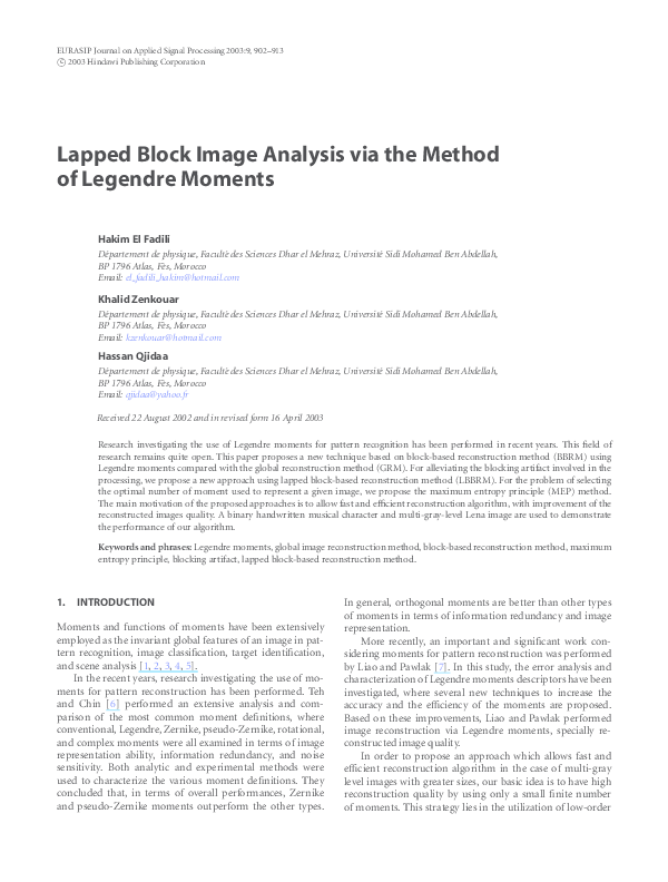 (PDF) Lapped Block Image Analysis via the Method of Legendre Moments