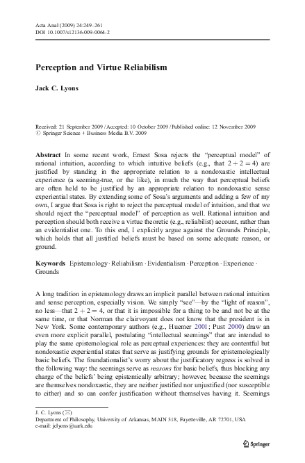 (PDF) Perception and Virtue Reliabilism