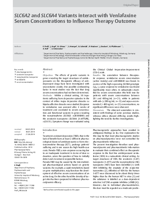 (PDF) SLC6A2 and SLC6A4 Variants interact with Venlafaxine Serum ...