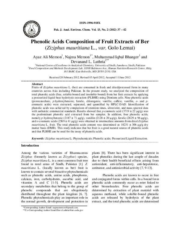 (PDF) Phenolic Acids Composition of Fruit Extracts of Ber
