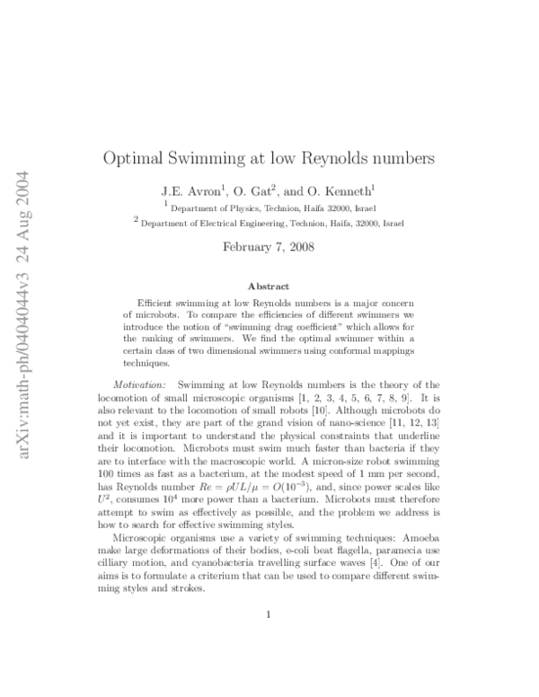 (PDF) Optimal Swimming at Low Reynolds Numbers | Joseph Avron ...
