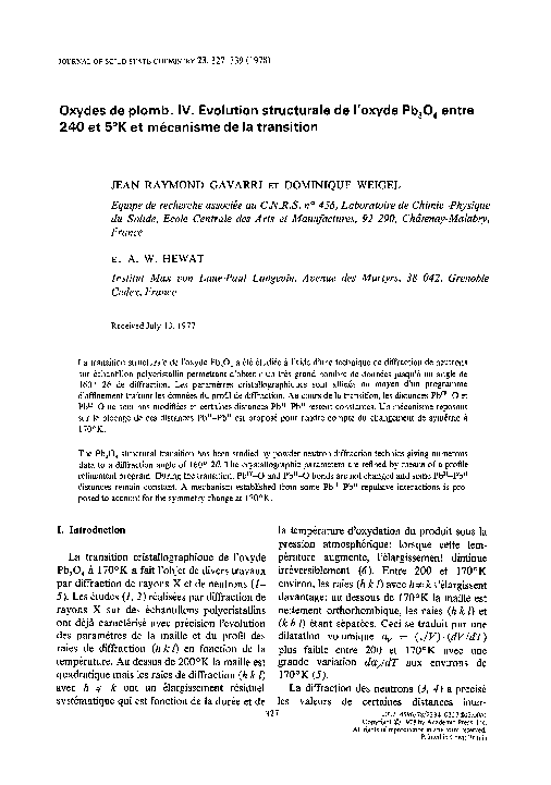 (PDF) Oxydes de plomb. IV. Evolution structurale de l'oxyde Pb3O4 entre ...