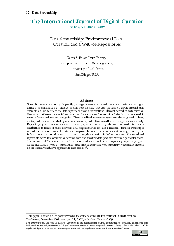 (PDF) Data Stewardship: Environmental Data Curation and a Web-of-Repositories