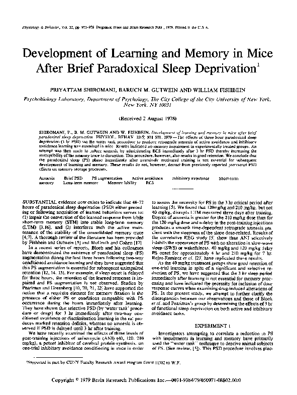 (PDF) Effects of Sleep Deprivation on Learning in Mice