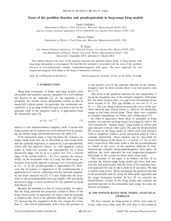 (PDF) Zeros of the partition function and pseudospinodals in long-range Ising models