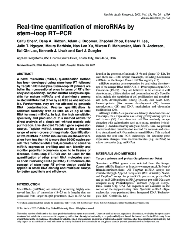 (PDF) Real-time quantification of microRNAs by stem-loop RT-PCR ...