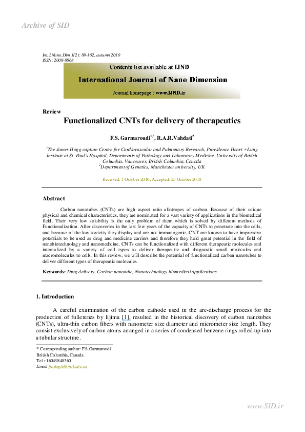(PDF) Functionalized CNTs for delivery of therapeutics