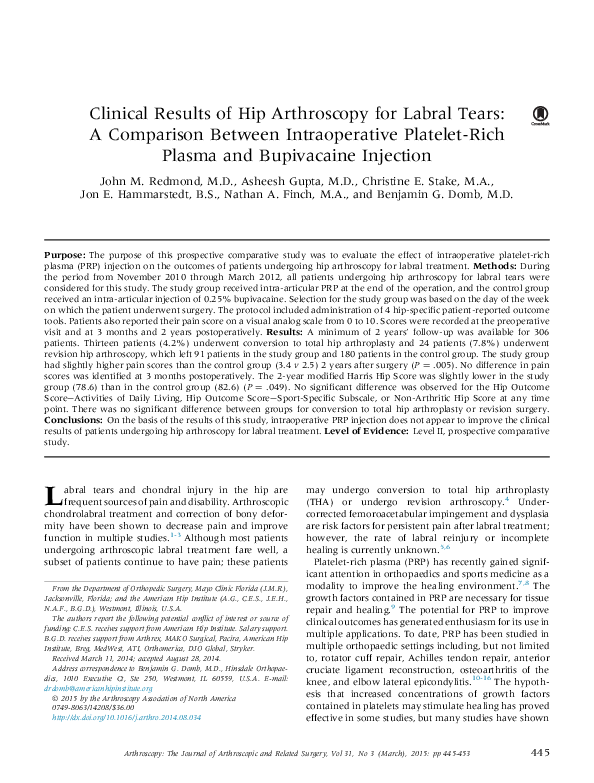 (PDF) Clinical Results of Hip Arthroscopy for Labral Tears: A ...