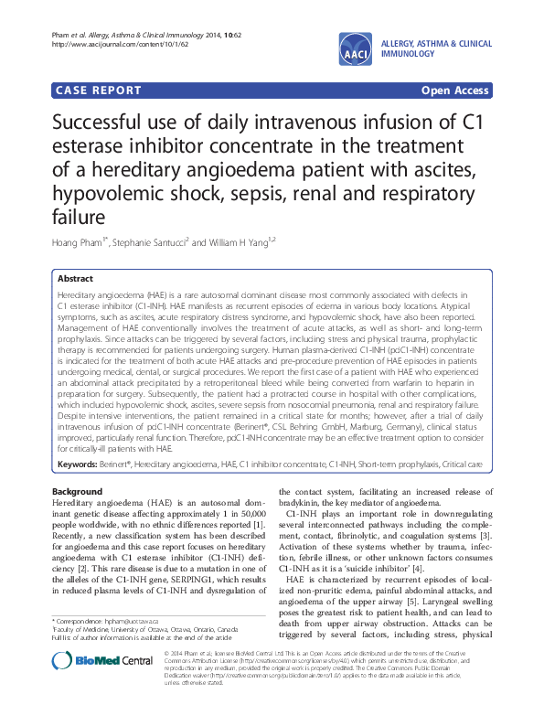 (PDF) Successful Use of Daily Intravenous Infusion of C1 INH ...