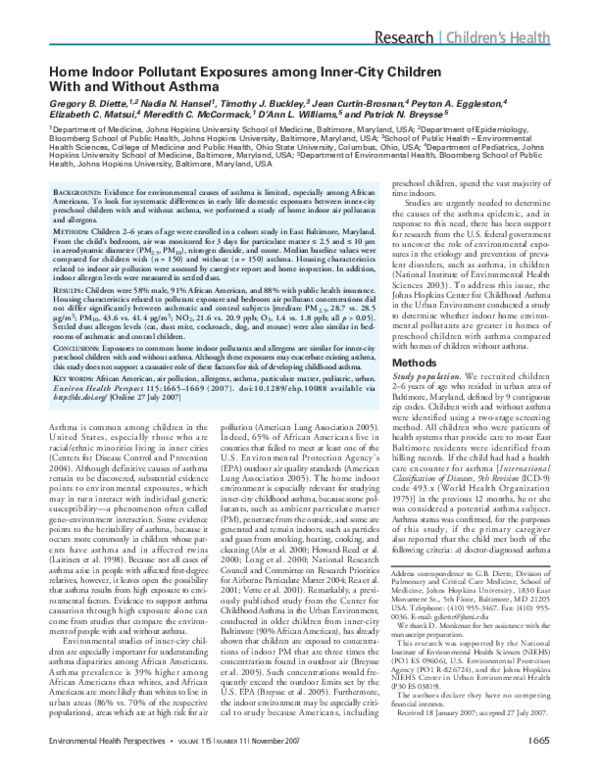 (PDF) Home Indoor Pollutant Exposures among Inner-City Children With ...