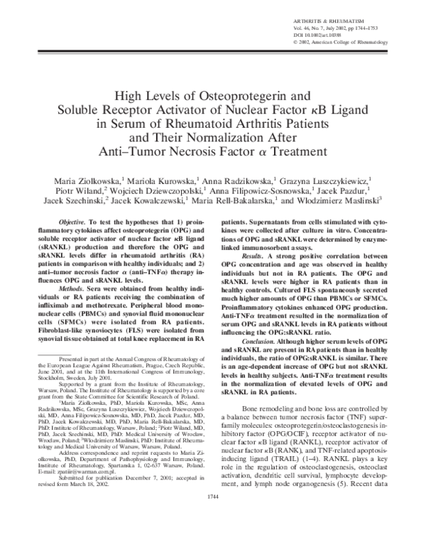 (PDF) High levels of osteoprotegerin and soluble receptor activator of nuclear factor ?B ligand ...