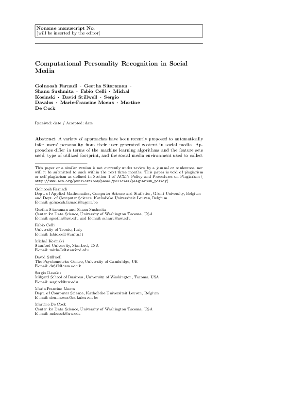 (PDF) Computational Personality Recognition in Social Media