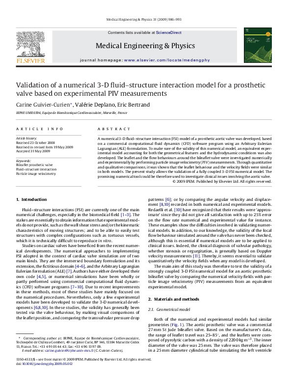 Pdf Validation Of A Numerical 3 D Fluid Structure Interaction Model For A Prosthetic Valve