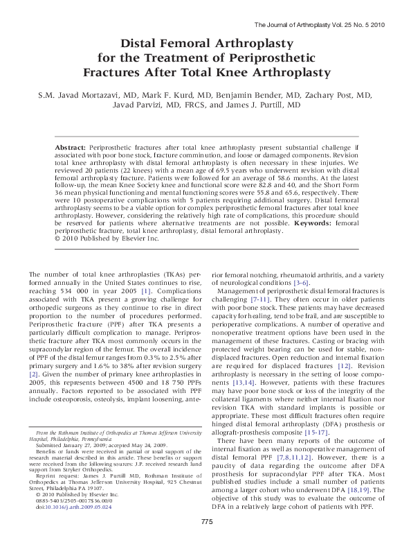 (PDF) Distal Femoral Arthroplasty for the Treatment of Periprosthetic Fractures After Total Knee ...