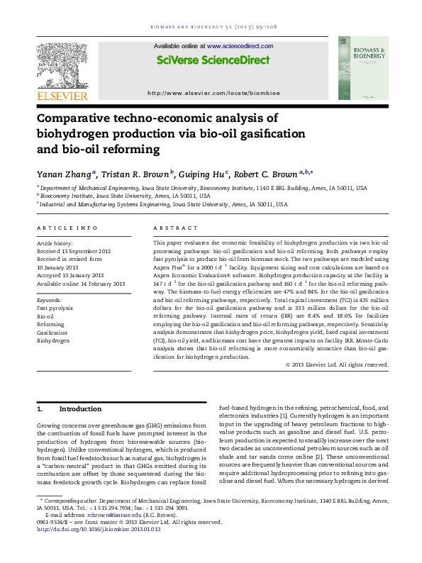 (PDF) Comparative techno-economic analysis of biohydrogen production via bio-oil gasification ...