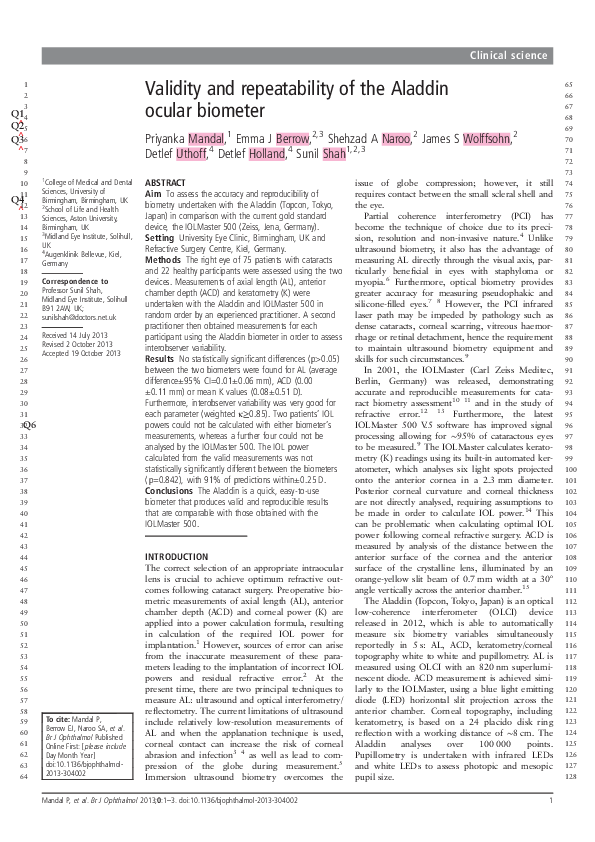 (PDF) Validity and repeatability of the Aladdin ocular biometer