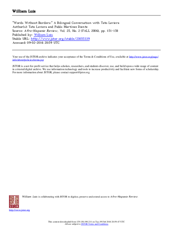 (PDF) "Words Without Borders:" A Bilingual Conversation with Tato Laviera