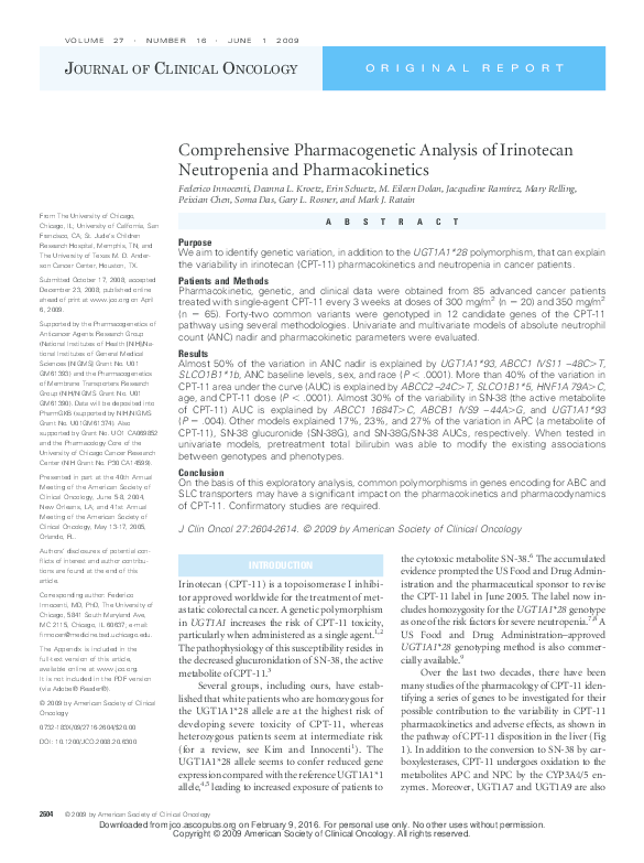 (PDF) Comprehensive Pharmacogenetic Analysis of Irinotecan Neutropenia and Pharmacokinetics