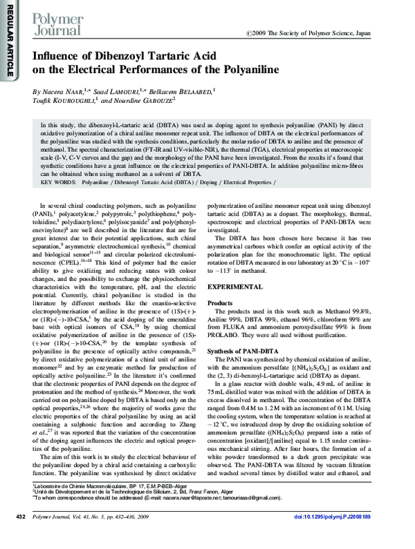(PDF) Influence of Dibenzoyl Tartaric Acid on the Electrical Performances of the Polyaniline