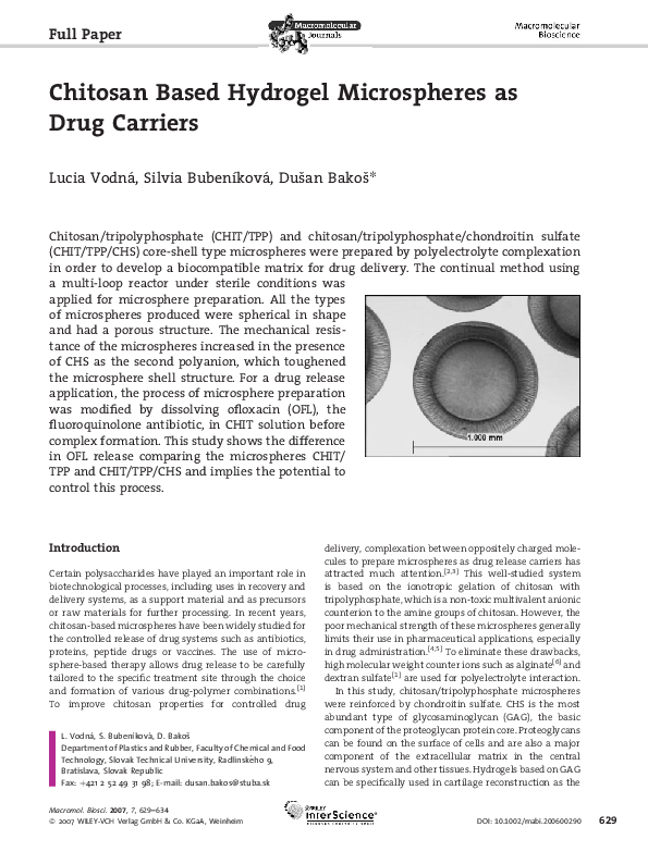 (PDF) Chitosan Based Hydrogel Microspheres as Drug Carriers