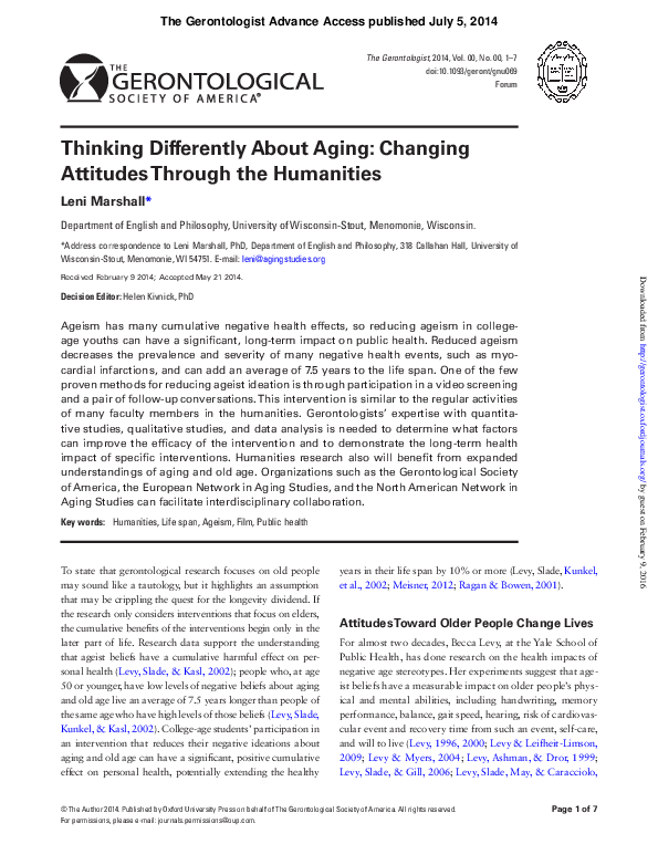 (PDF) Thinking Differently About Aging: Changing Attitudes Through the Humanities