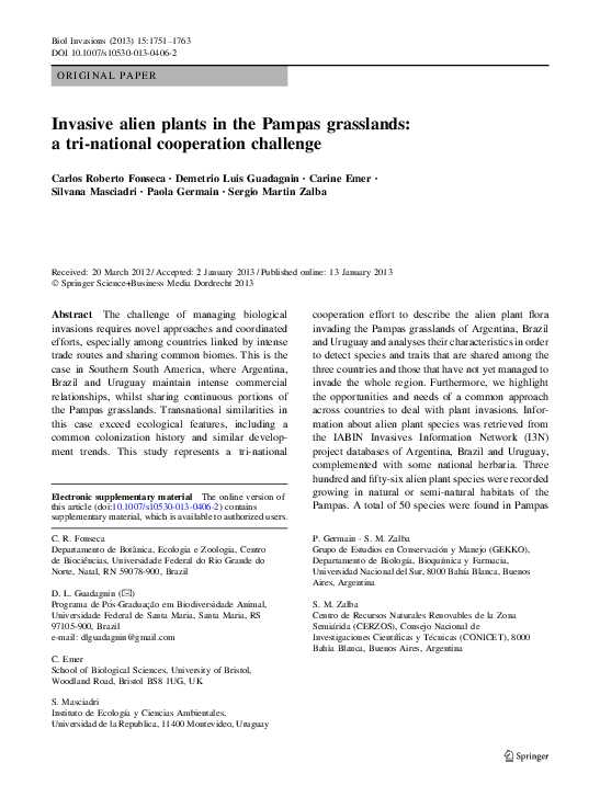 (PDF) Invasive alien plants in the Pampas grasslands: a tri-national cooperation challenge