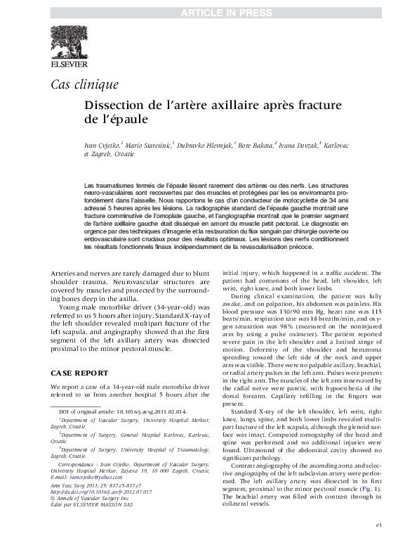 (PDF) Dissection de l'artère axillaire après fracture de l'épaule