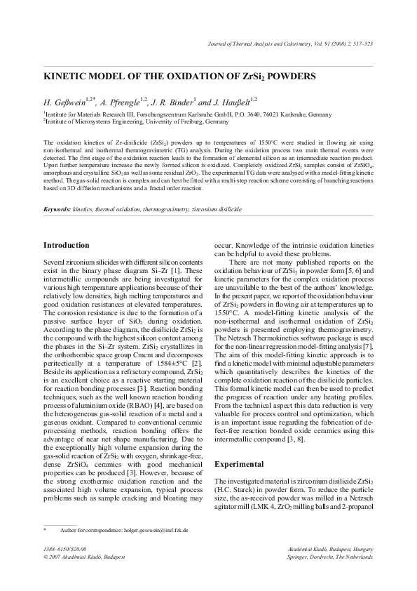 (PDF) Kinetic model of the oxidation of ZrSi2 powders