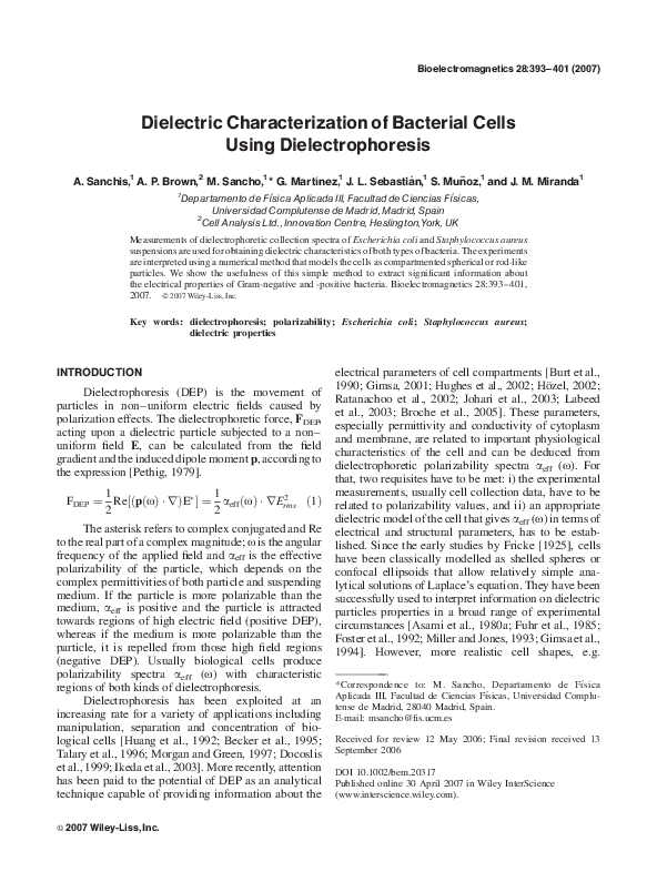 Pdf Dielectric Characterization Of Bacterial Cells Using Dielectrophoresis