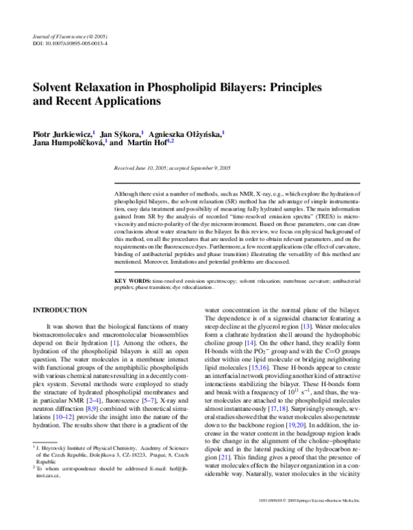 (PDF) Solvent Relaxation in Phospholipid Bilayers: Principles and ...