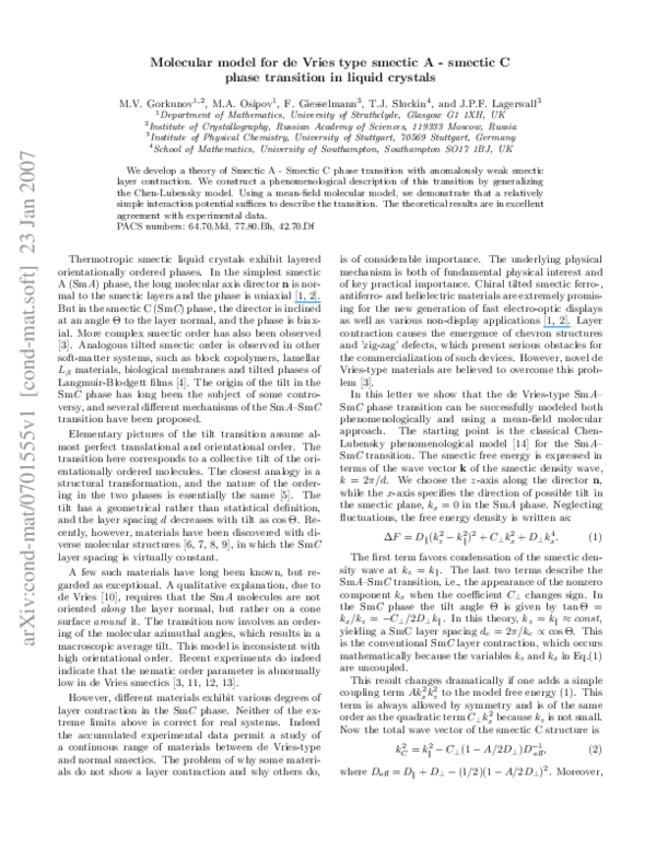 (PDF) Molecular model for de Vries type smectic-A–smectic-C phase ...