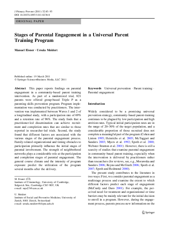 (PDF) Stages of Parental Engagement in a Universal Parent Training Program