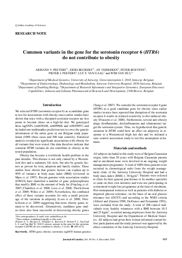 (PDF) Common variants in the gene for the serotonin receptor 6 (HTR6 ...