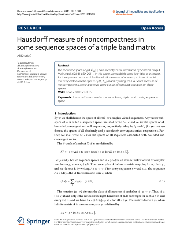 Pdf Hausdorff Measure Of Noncompactness In Some Sequence Spaces Of A Triple Band Matrix